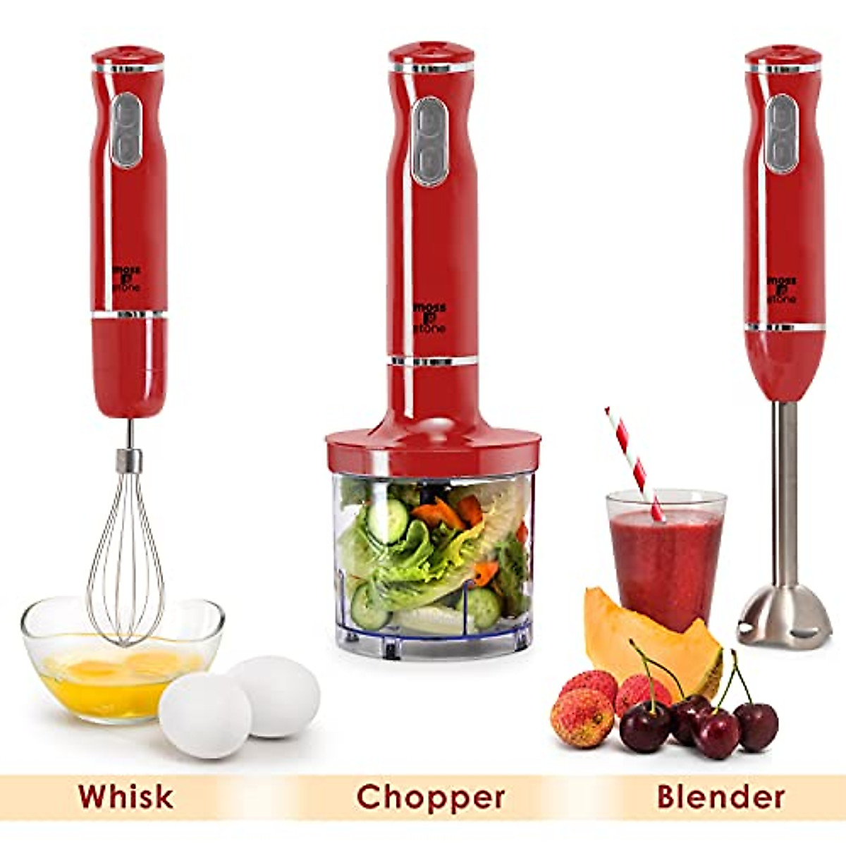 Moss & Stone Hand Blender Electric - With Egg Whisk & Chopper, Powerful 300- Watt - Immersion Hand Blender, Hand Mixer Set Stainless Steel Shaft & Blades, Handheld Blender With Ergonomic Handle, Red Blender