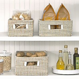 mDesign Seagrass Small Woven 9 Inch Wide Rectangular Organizing Basket w/Built-In Handles for Kitchen, Pantry Shelves, Bathroom Storage; Holds Fruit, Canned Goods - 3 Pack - Natural