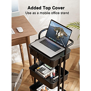 Pipishell 3 Tier Rolling Cart with Table Top, Utility Cart with Wheels & 4 Hooks, Rolling Storage Cart for Home Storage and Organization, Black, PIUC09B