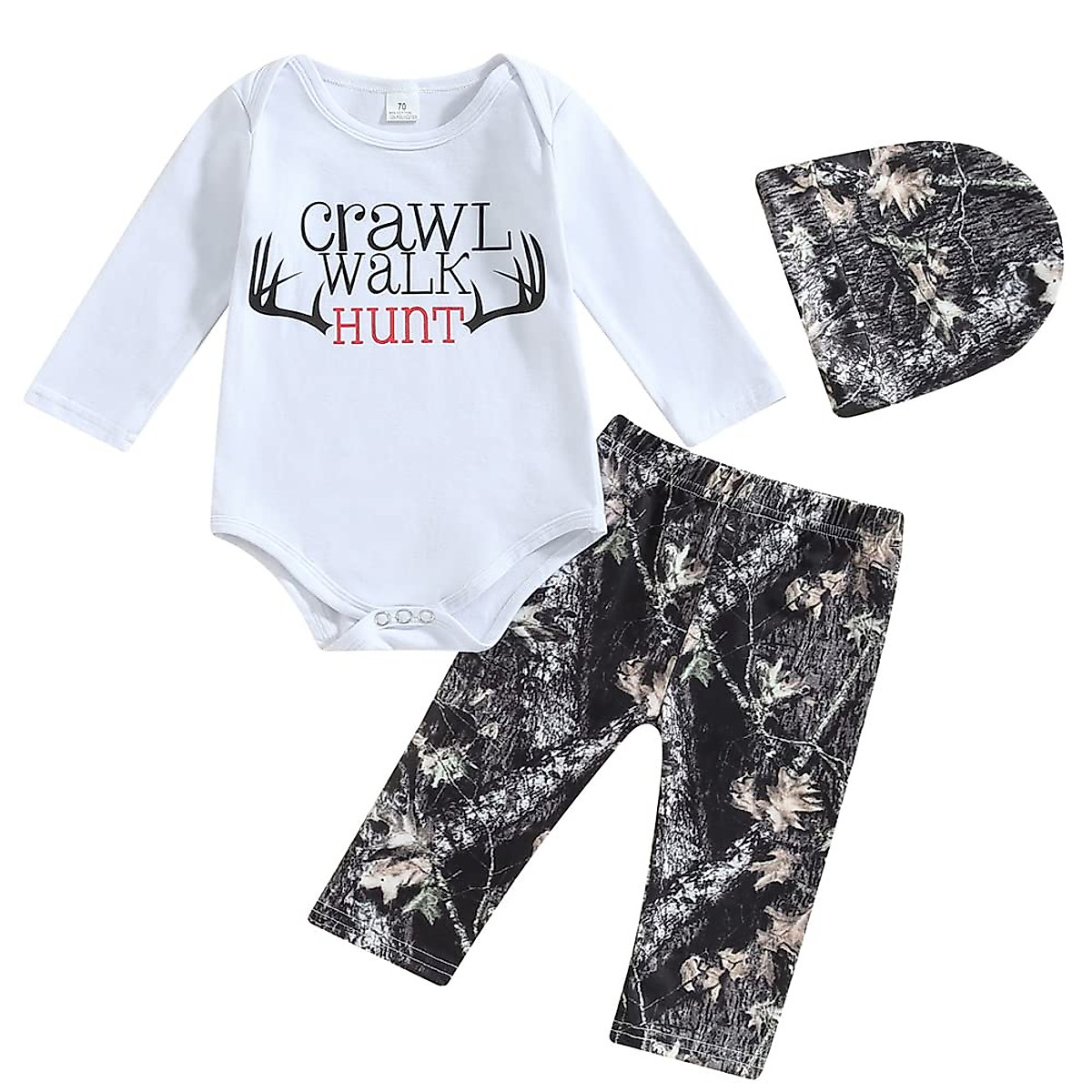 Newborn Baby Boys Hunting Clothes Set Long Sleeve Letters Deer Romper Bodysuit Pants Hat Outfit (70(0-6M), White)