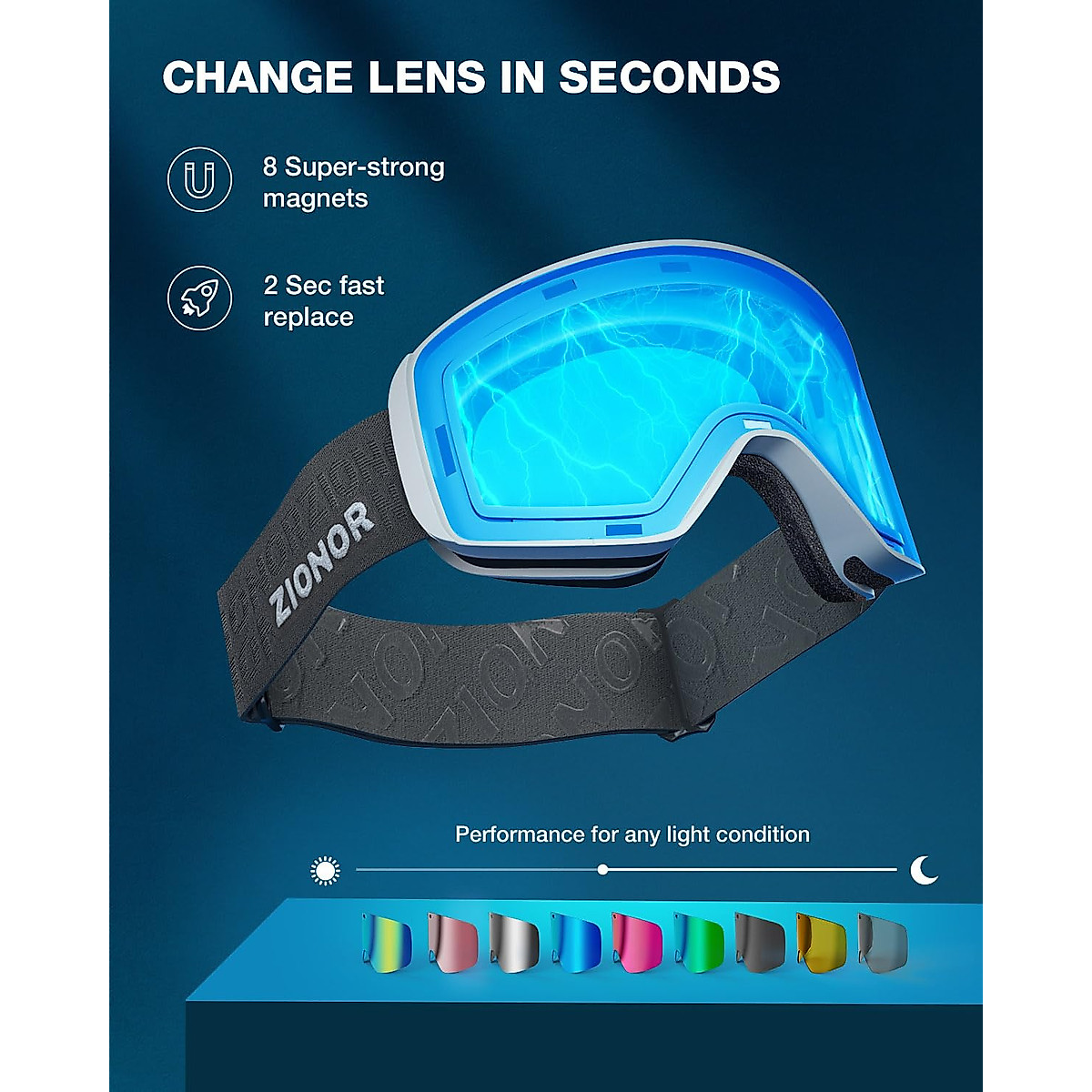 ZIONOR X11 Ski Snowboard Snow Goggles with Magnetic Interchangeable Cylindrical Lens Anti-fog UV Protection for Men Women Adult （VLT 15% Clear Rose Lens）