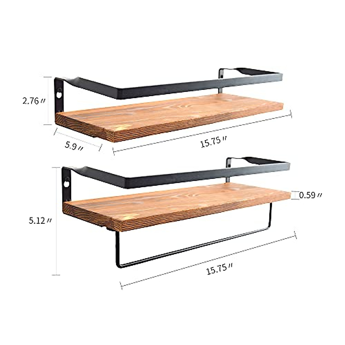Montle Home Wood Storage Shelves, Wall Mounted Floating Shelves for Bathroom and Kitchen in Carbonized Natural, Set of 2