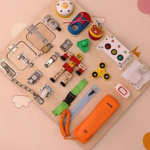 Montessori Busy Board for Toddlers- Learn to Dress Toys for 1 2 3 4 Year Old Kids - Learning Toy for Airplane or Car Travel-20-in-1 Yellow