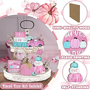 Guoofu Pink Fall Tiered Tray Decor, Farmhouse Pumpkin Tray Decorations, Cute Pumpkin Trucks Maple Leaf Wooden Signs Beads Garland, Autumn Thanksgiving Harvest Home Decor for Tabletop Shelf Mantel