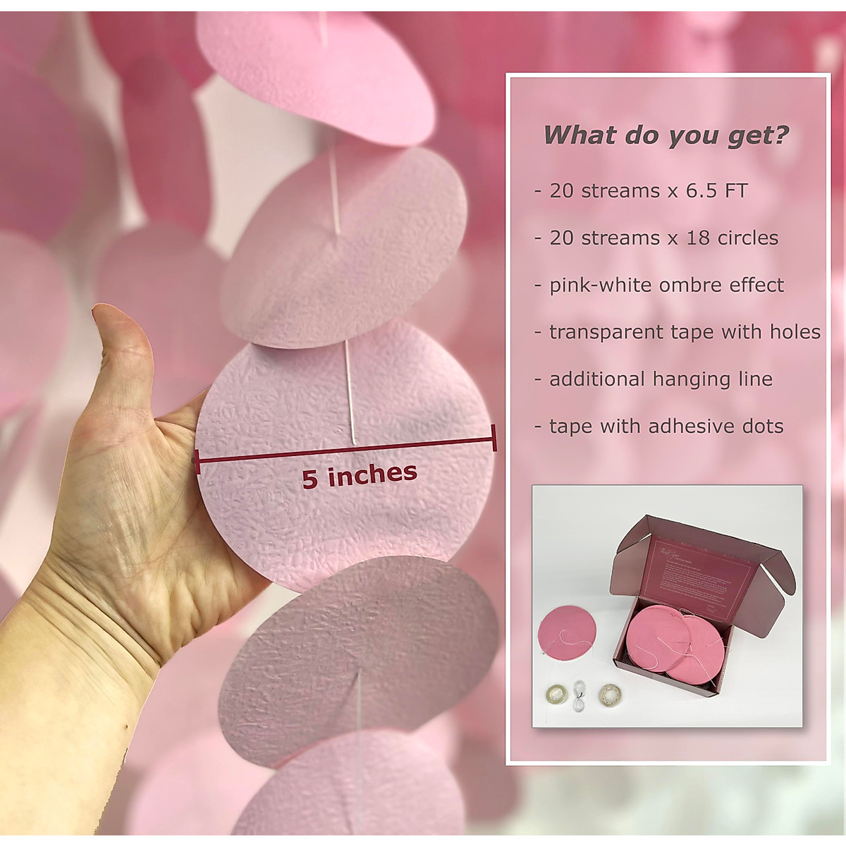 VINANT Party Decoration Garland Backdrop - Birthday Decoration - Baby Shower for Girl - Bachelorette Party - Wedding Shower - Graduation - Mothers Day - Ombre Effect Background - Pink Garland