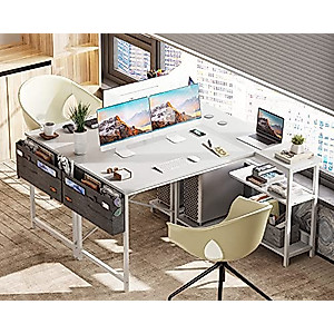 ODK Small L Shaped Computer Desk, 55 Inch Corner Desk with Reversible Storage Shelves & PC Stand for Home Office Workstation, Modern Simple Writing Study Table with Storage Bag for Small Space, White