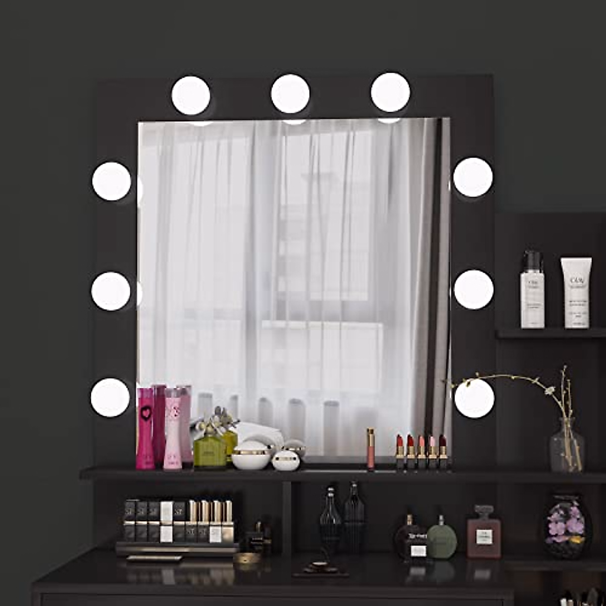PAKASEPT Vanity Set with Lighted Mirror, Makeup Vanity Dressing Table with LED Light, Drawers, Storage Shelves and Cushioned Stool, Small Vanity Desk for Bedroom (Black, 39.4"Lx15.7"Wx63"H)