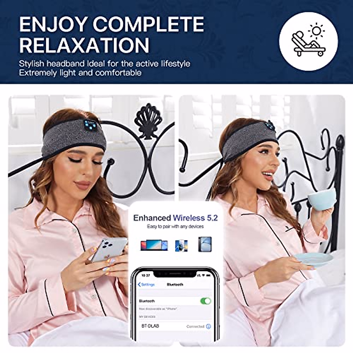 Perytong Sleep Headphones Adjustable Bluetooth Headband, Sleep Headband Bluetooth Headphones Sleep Mask with Ultra-Thin HD Stereo Speakers Perfect for Side Sleepers,Insomnia,Workout,Jogging,Yoga,Gift