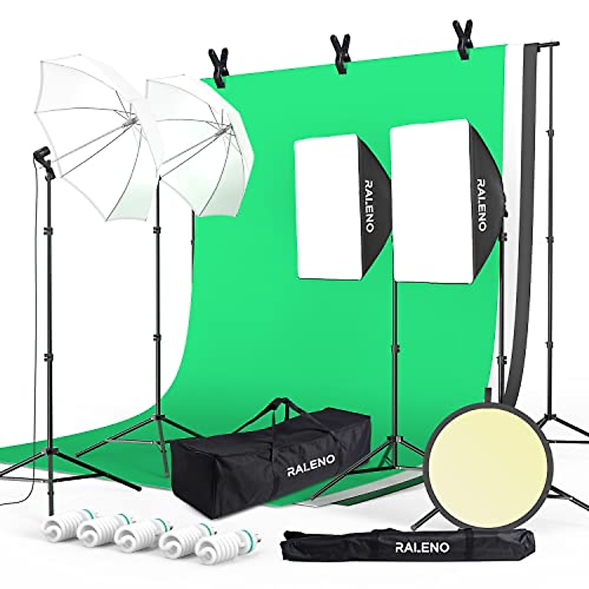 RALENO Photography Lighting Kit, 8.5 x 10ft Backdrop Stand with Green Screen, 5 x 85W CFL 5500K Light Bulb with Umbrellas for Product, Portrait and Video Shoot Photography