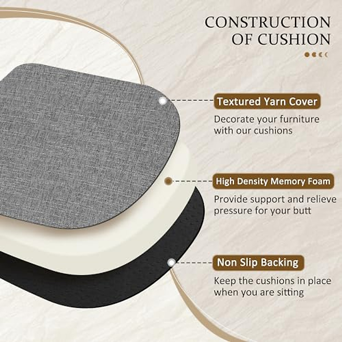 LOVTEX Chair Cushions for Dining Chairs 6 Pack - Memory Foam Chair Pads with Ties and Non-Slip Backing - Seat Cushion for Kitchen Chair 16x16x2, Dark Gray