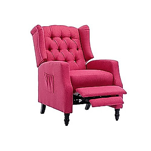 Arm Pushing Recliner Chair, Modern Button Tufted Wingback Manual Push Back Recliner Chair with Wood Leg & Side Pocket, Upholstered Living Room Chair Single Reclining Sofa Home Theater Seating Rose Red