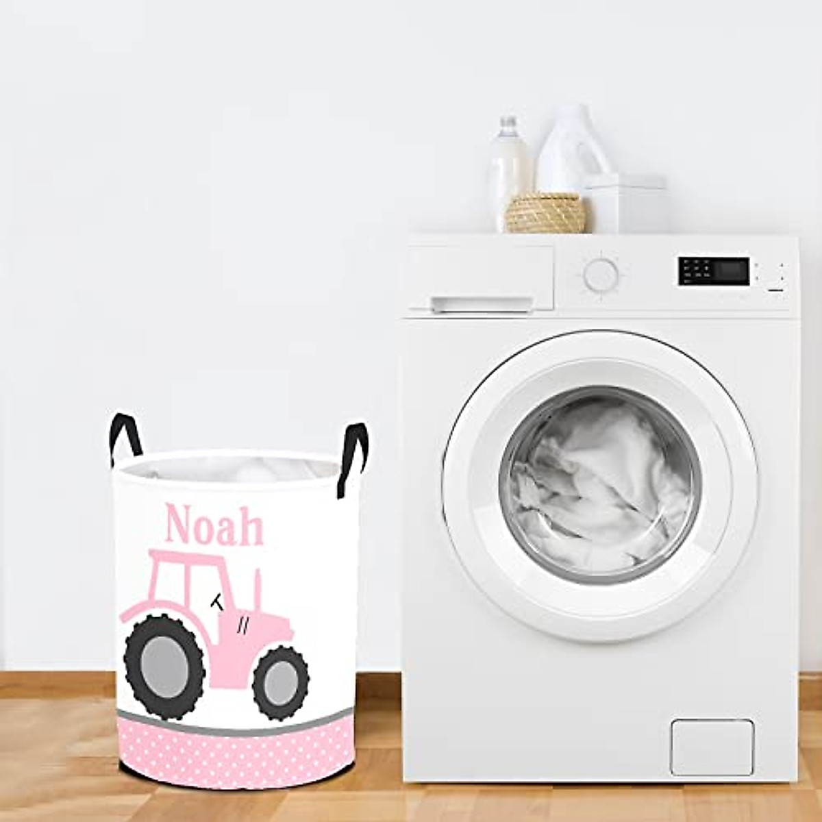 Personalized Laundry Basket Hamper,Farm Tractor Truck Pink Dots,Collapsible Storage Baskets with Handles for Kids Room,Clothes, Nursery Decor