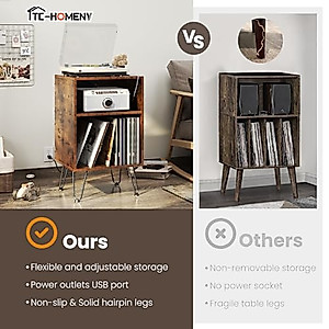 TC-HOMENY Record Player Stand with Charging Station & USB Ports, Turntable Stand Holds Up to 160 Albums, Vinyl Record Storage Stand with Metal Legs for Living Room, Bedroom, Office