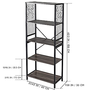 LAVIEVERT Industrial Bookshelf, 5-Tier Vintage Bookcase with Metal Grid and 12 S-Shaped Hooks, Multipurpose Storage Shelf Display Rack for Living Room, Bedroom, Kitchen & Office - Black
