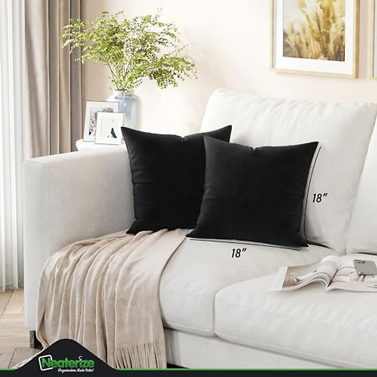 NEATERIZE Premium Velvet Pillow Covers 18x18 Black - Washable Decorative Fabric Throw Pillow Covers for Couch or Bed - Set of 2