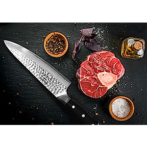 MIKARTO Chef Knife, 8 Inch Gyuto, Professional Grade - Japanese AUS-10 Super Steel Kitchen Knife with Hammer Finish - Ultra Sharp, High Carbon Kitchen Knives - Quality, All Purpose, Precision cutting.