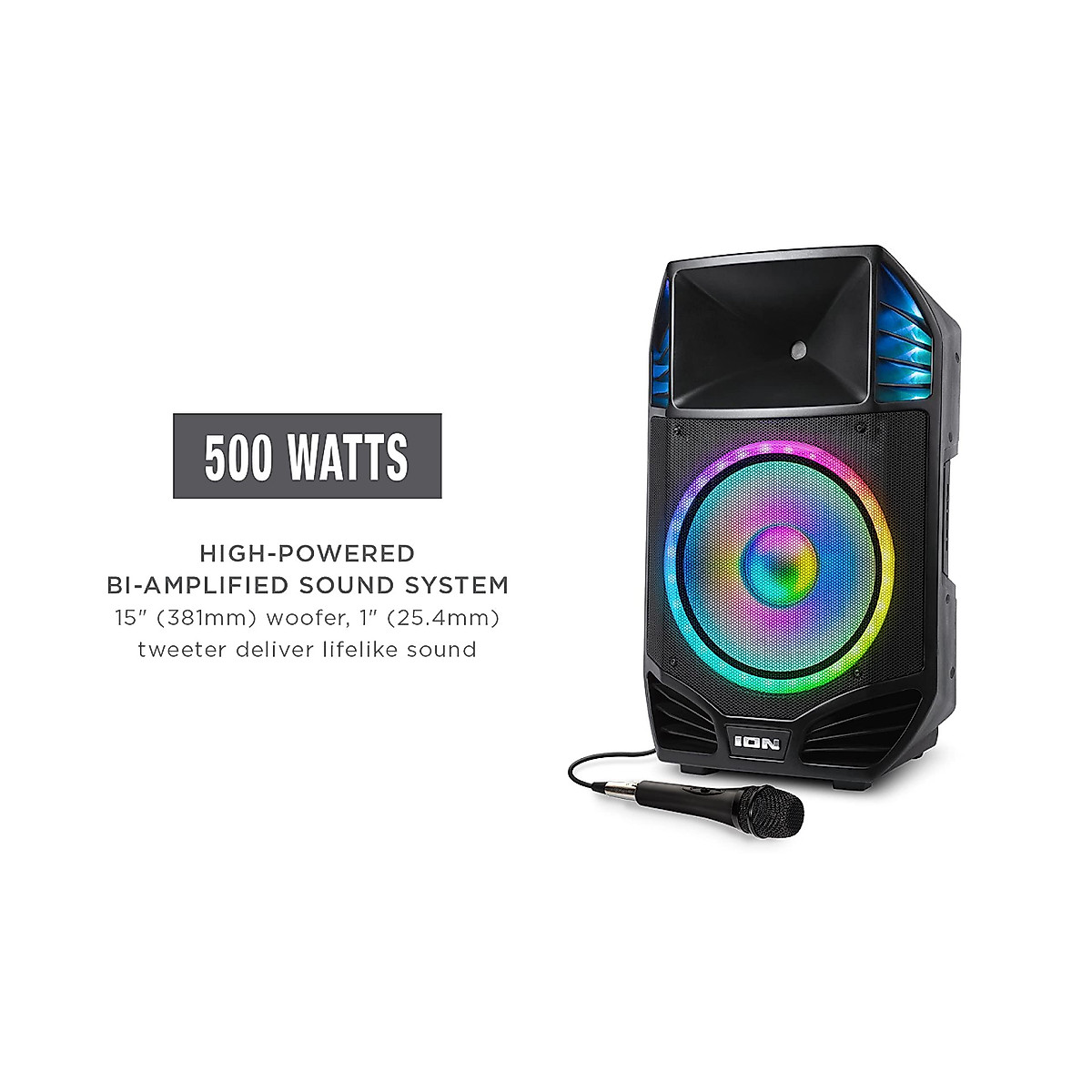 Ion Total PA Premier 500-Watt Party Speaker - Robust High-Power and Bright Sound with LED Visual Effects and Microphone (Renewed)