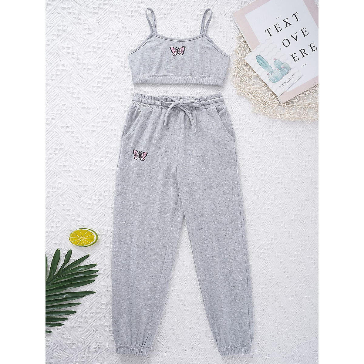Moggemol Girls 2 Piece Dance Sports Outfits Butterfly Print Cami Crop Tops and Sweatpants Tracksuit Jogger Set Grey 10 Years