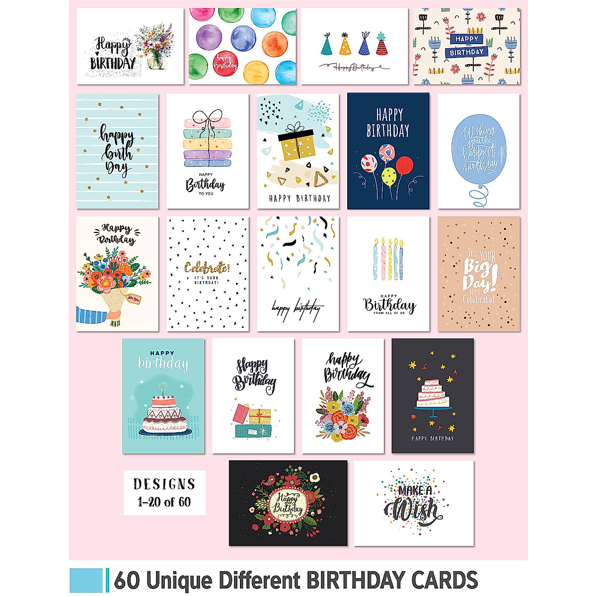 60 Happy Birthday Cards Assortment - Bday Cards in Bulk - 5x7 Assorted Variety Box Set Pack Unique Designs with Envelopes - Birthday Card for Men Women Kids - for Office - Greeting Message Inside