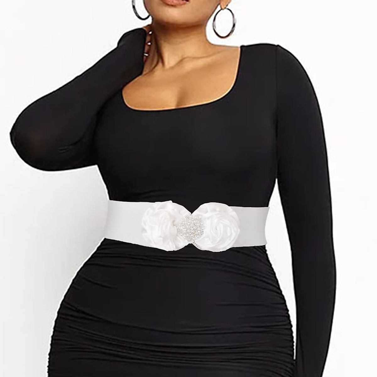 Wriidy Stretchy Belt Wide Flower Belt Women White Pearl Stretch Waistband Black Fancy Elastic Waist Jewelry Accessories for Girls (Large, White)