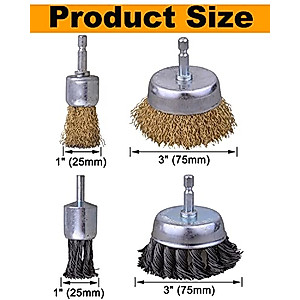 SHITIME 3 Inch Knotted Wire Cup Brush Set, 4 PCS Wire Brush for Drill with 1/4'' Hex Shank, Drill Wire Brush Attachment, Ideal for Removing Rust/Corrosion/Paint - Extend Life & Reduced Wire Breakage