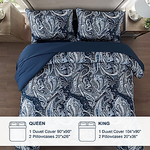 Navy Paisley Duvet Cover Set Queen Size - 3 Pieces Navy Blue Boho Paisley Pattern Printed Bedding Set, Breathable Soft Microfiber Comforter Duvet Cover with Zipper Closure & Corner Ties (90''X90'')