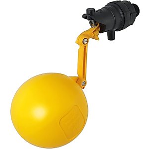 Jobe Valves J-RJV0075HF Rojo High-Flow Low-Pressure Float Valve, 4.9"-Wide Float, 3" Extension Arm, 20L/Min, 75PSI, 3/4" NPT Inlet, Yellow/Black