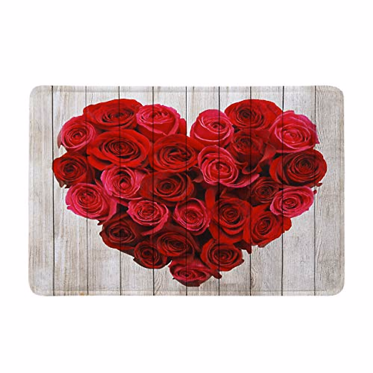 Red Rose Flowers Bathroom Mat Valentines Day Love Heart Shape Floral on Rustic Wood Rustic Bath Mat Soft Memory Foam Non Slip Absorbent Bathroom Rug 16x24 inch