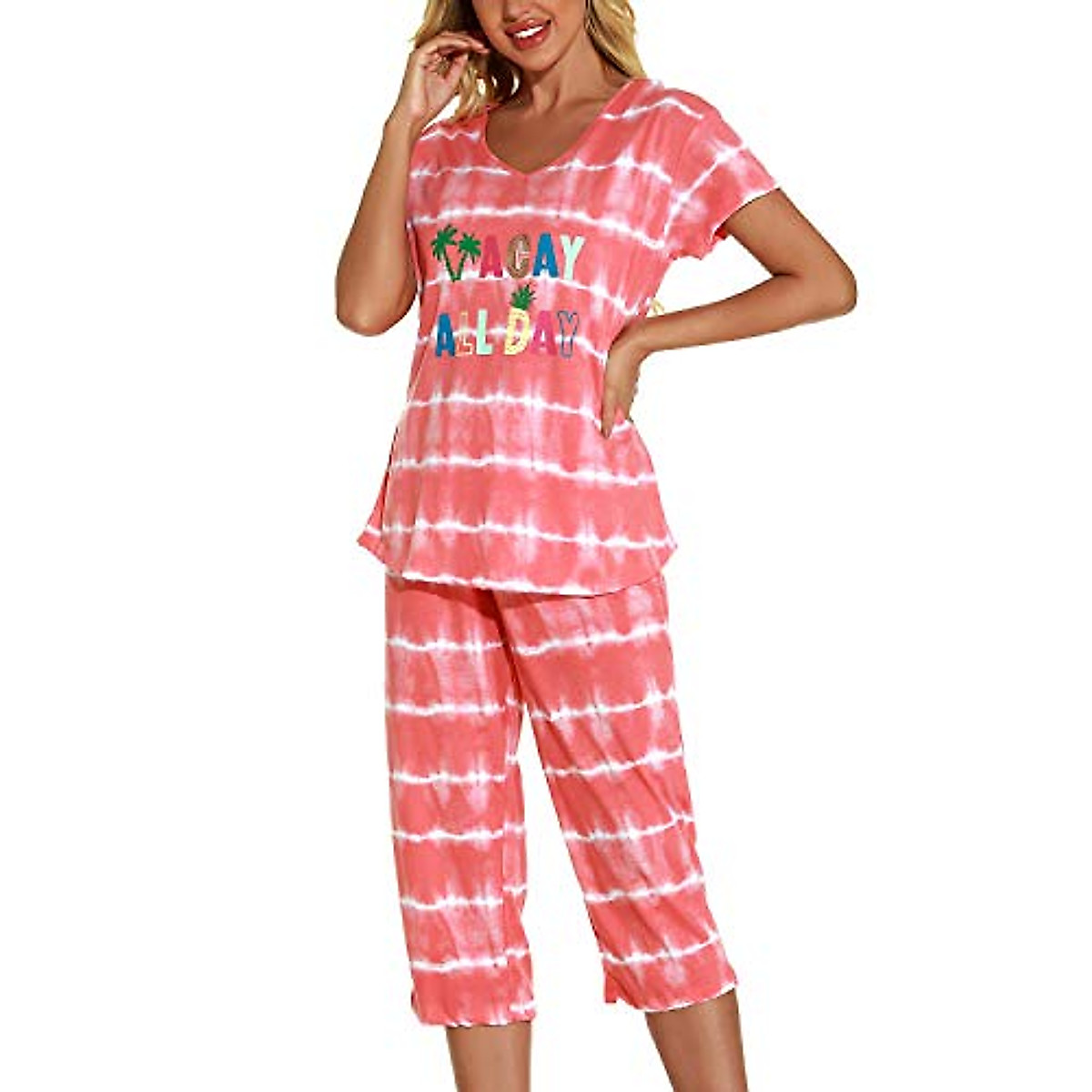 Lu's Chic Women's Cute Pajama Set Cotton Capri Loungewear Soft Short Sleeve Pjs Comfy Pants Lounge Two Piece Patterned Print Sleepwear Orange Large