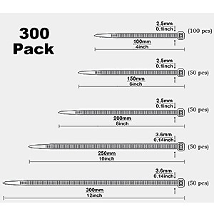 Oksdown 300pcs White Zip Ties Assorted Sizes 4/6/8/10/12 Inch Clear Plastic cable ties from Small to Large Heavy Duty Nylon tie Wraps Multi-Purpose Variety Wire Ties
