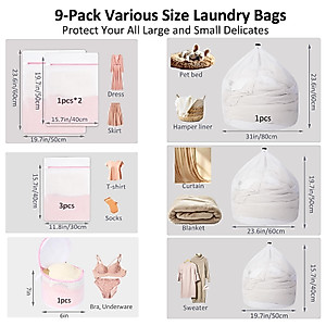 9Pcs Durable Mesh Laundry Bags, Various Size Lingerie Bags for Delicates in Washer and Dryer- 1pcs Bra Bag, 3pcs Large Drawstring Travel Laundry Bags, 5pcs Sturdy Zipper Delicates Bags for Sock, Shirt