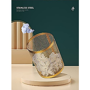 QIBORUN Mesh Wastebasket Round Stainless Steel Trash Can Recycling Bin for Home, Office, Bathroom, Bedroom & Kitchen, 3.5 Gallon / 12L, 11inch Height x 10inch Diameter Garbage Can-Gold
