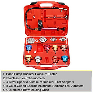 JIFETOR Radiator Pressure Leakage Tester Tool Kit, 14PCS Automotive Cooling System Water Tank Leak Test Detector Set with Aluminum Hand Pump and Adapters