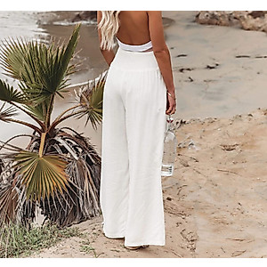 Women Cotton Linen Pants Elastic High Waisted Palazzo Lounge Pants Loose Beach Trousers with Pockets (White, XL)