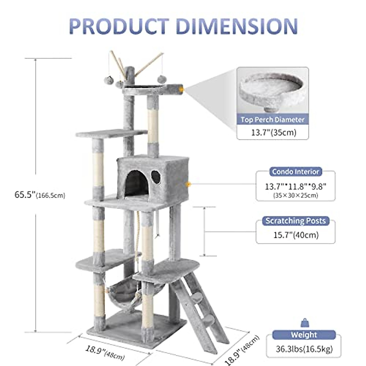 JOYO Cat Tree for Indoor Cats, 65.5 Inches Multi-Level Cat Tower Cat Tree with Hammock, Scratching Posts, Top Perch, Ladder, Cat Activity Tree Cat Condo with Toys, Cat Climbing Tower for Kitten Play