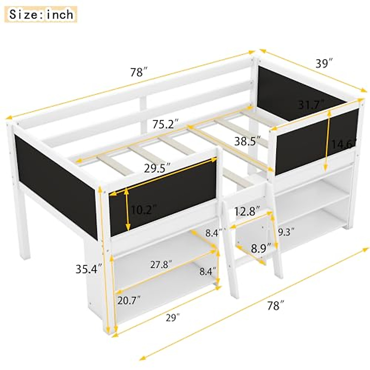 Low Loft Bed with 2 Movable Storage Shelves,Loft Bed with Chalkboard and Ladder,Twin Loft Bed Frames for Kids,Kids Twin Bed Frame Kid Bed Loft Bed for Kids,No Box Spring Needed,White