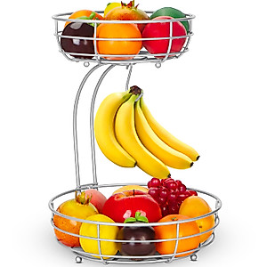 JUWA Auledio 2-Tier Countertop Fruit Vegetables Basket Bowl Storage With Banana Hanger,Silver