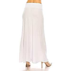 RENESEILLE Women's Long Maxi Skirt – Casual High Waist Fold Over Elastic Waistband Soft Flare Foldable Stretch Lounge Boho SKT810 White OS