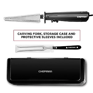 Chefman Electric Knife with Bonus Carving Fork & Space Saving Storage Case Included One Touch, Durable 8 Inch Stainless Steel Blades, Rubberized Black Handle, BPA Free, 120 Volts and Watts