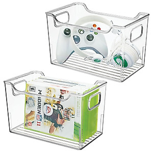 mDesign Deep Plastic Storage Organizer Storage Bin, Game and Comic Organization for Cabinet, Playroom, or Closet - Holds Video Games, Tablets, DVDs, or Controllers, Ligne Collection - 2 Pack - Clear
