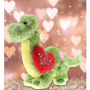 DolliBu I Love You Valentine Green Dinosaur Plush - Cute Dinosaur Stuffed Animal with Red Heart and Name Personalization Gift for Valentines Day, Birthday, Anniversary, Romantic Date - 10 Inches