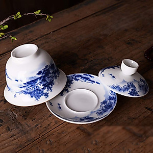 Jingdezhen Chinese Gaiwan Handmade 6.3oz/180ml Mountain Style China Blue and White Porcelain Gaiwan Kungfu Teacup Traditional Chinese Teaware Tea Set
