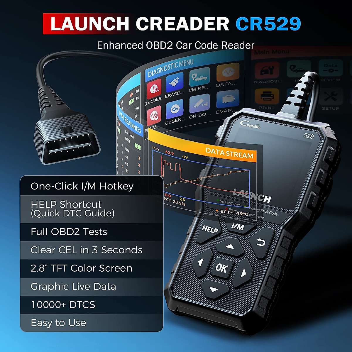 LAUNCH CR529 OBD2 Scanner Diagnostic Tool, Full OBDⅡ Scanner for Car, Free Lifetime Upd. Check-Egine-Light Code Reader, 5 Yrs. Backup, Clear Codes, One Click I/M, for DIYers with Cars After 1996