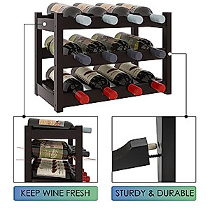 SMIBUY Bamboo Wine Rack, 12 Bottles Display Holder, 3-Tier Free Standing Storage Shelves for Kitchen, Pantry, Cellar, Bar (Dark Brown)
