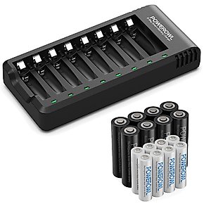 POWEROWL 8 Bay AA AAA Battery Charger (USB High-Speed Charging, Independent Slot)+2800mAh & 1000mAh 1.2V NiMH Battery 16 Packs