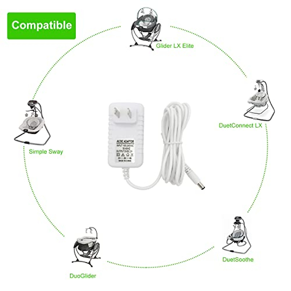 Duetsoothe Power Cord, 5V Adapter Replacement for Graco Swing Dreamglider/Duoglider/Simple Sway Swing and Nova Baby Swing, 6 ft Charger Cable