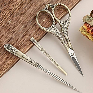 Embroidery Scissors Kits, Stainless Steel Safety Scissors, Threader with Needle Bottle, Metal Floss Bobbin, Awl, Thimble for Sewing,Cutting,Art Work,Embroidery,Needlework (Green patina)