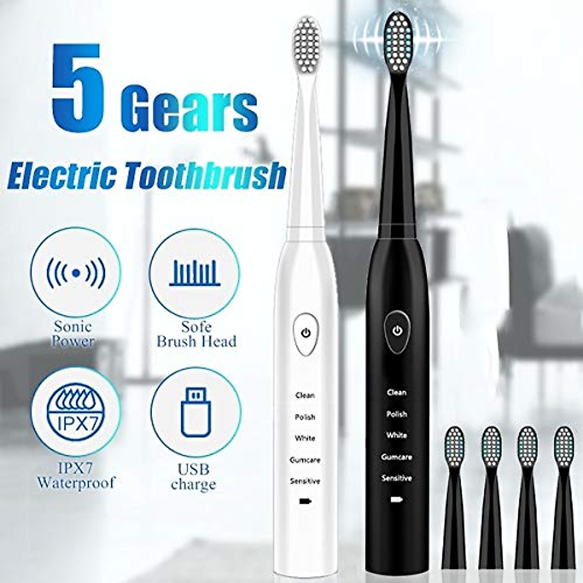ＲＥＤ－ＮＩ RED-NI Sonic Electric Toothbrush, 4 Free Replacement Heads Included as Gifts Ideal for Adult Children and Couples Use USB Fast Charging Waterproof Toothbrush,Model: ET201 (White)