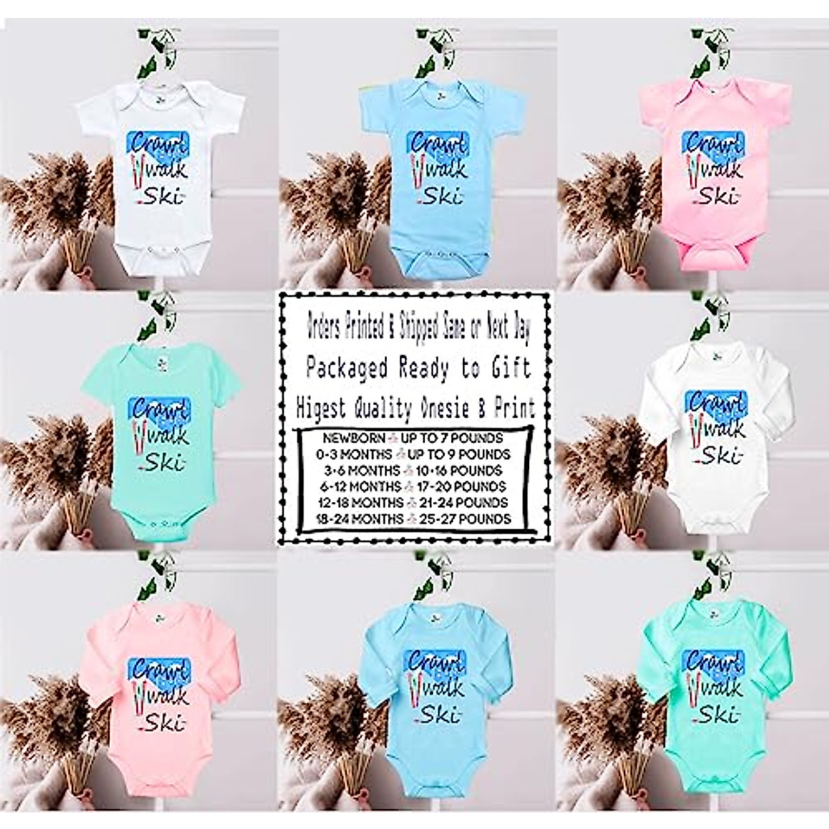 Crawl Walk Ski -Cute Snow Skiing winter sports Baby bodysuit onesie & bib Set