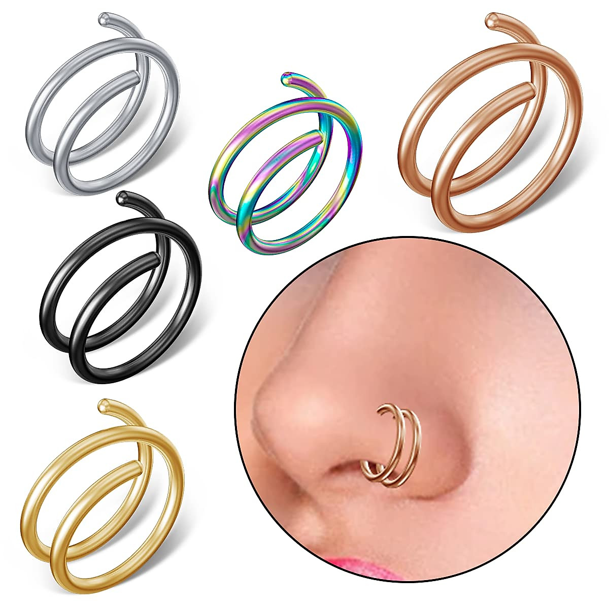 hujiling 10 Pcs 20G Double Hoop Nose Ring, Double Nose Rings Hoops Set Adjustable, 316L Surgical Steel Spiral Nose Ring for Single Piercing Nose Rings for Women Women Nose Piercing Jewelry